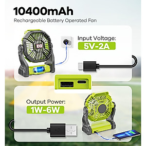 DOWILLDO Camping Fan with LED Lantern, 10400mah Portable Battery Operated Outdoor Fan, Personal Rechargeable Fan for Travel, Hiking, Fishing, Picnic (Green)