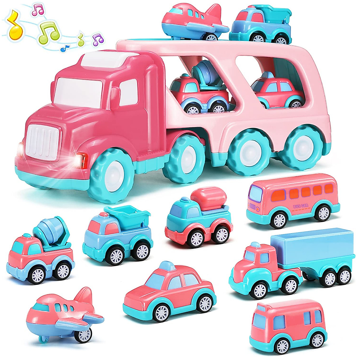 Bakatatoyz Pink Car Carrier Truck Set(9 in 1) with Lights and Sounds, Friction Powered Double Deck Container Transport Truck with 8 Mini Cartoon Pull Back Vehicles, Girls Toy for Toddler Birthday Gift