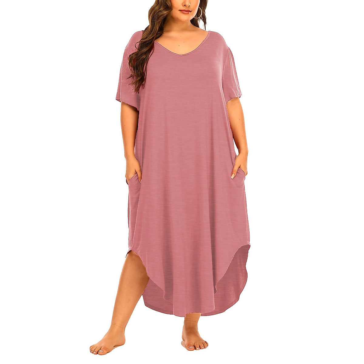 Womens Plus Size Nightgowns Sleepwear Short Sleeve Sleep Dress Maxi Night Gowns with Pockets 5X Pink