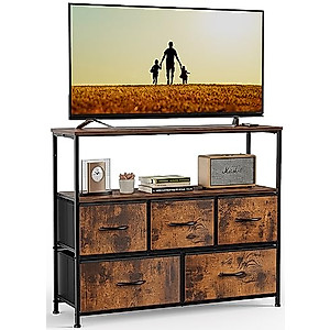 Dresser TV Stand, Entertainment Center with 5 Fabric Drawers, Media Console Table for TV with Open Storage Shelf Dresser for Bedroom/Living Room/Hallway Rustic Brown