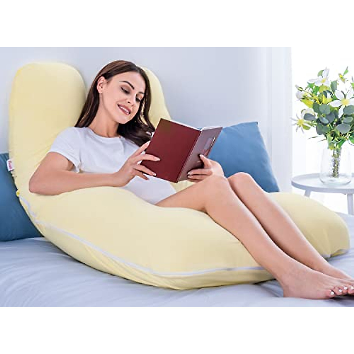 AngQi Pregnant Pillows for Sleeping, Pregnancy Belly Pillow with Cooling Cotton Cover - Support for Back, Hips, Legs, Belly for Pregnant Women Sleeping - Yellow Cream