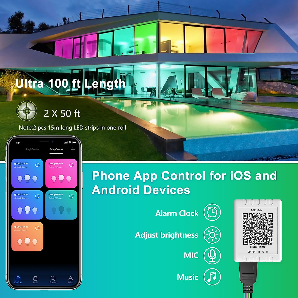 Nexillumi 65.6ft LED Lights for Bedroom Music Sync Color Changing RGB LED Strip Rope Lights 44-Key Remote, 5050 RGB LED Light Strips(APP+Remote+Mic)