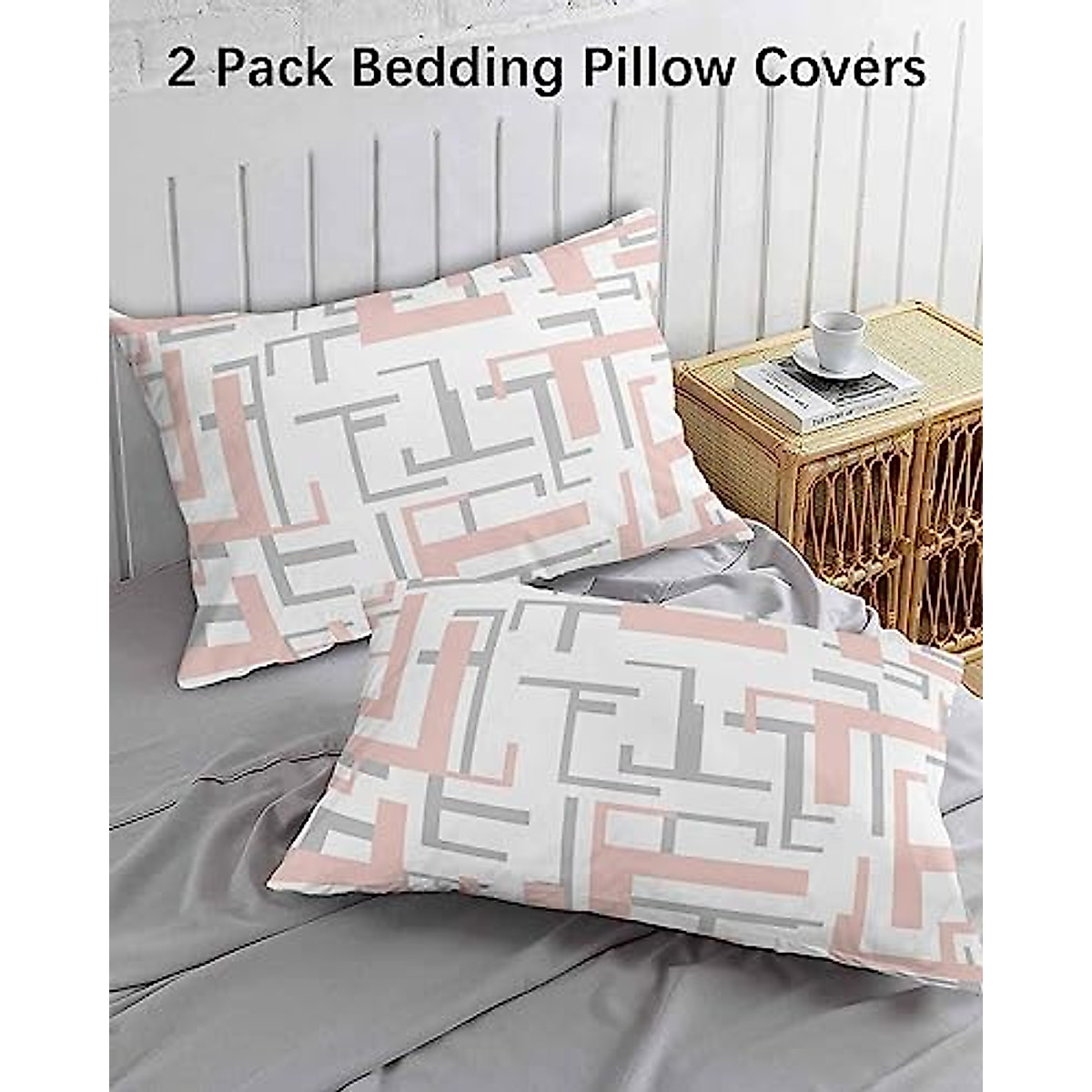 Edwiinsa Pink Grey Pillow Covers Standard Size Set of 2 Bed Pillow, Modern Geometric Abstract Art Aesthetics Plush Soft Comfort for Hair/Skin Cooling Pillowcases with Envelop Closure 20''x26''