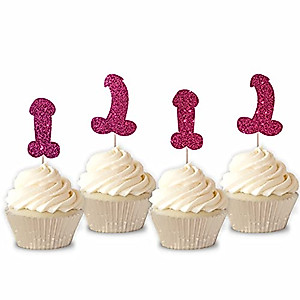 Glitter Bachelorette Party Cupcake Toppers | Set of 12 Glitter Cupcake Toppers | Bridal Shower Birthday Treat Decoration | Fun Cute Decor (Pink)