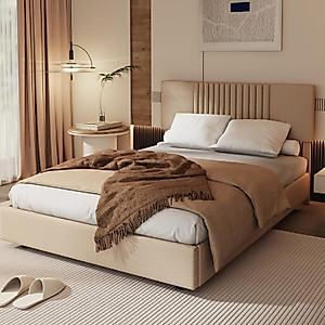 Queen Bed Frame, Lift Up Storage Bed Frame with Upholstered Headboard, Hydraulic Storage Double Bed, Wood Slats Support and Under Bed Storage, No Box Spring Needed Low Bed Frame (Queen, Beige)
