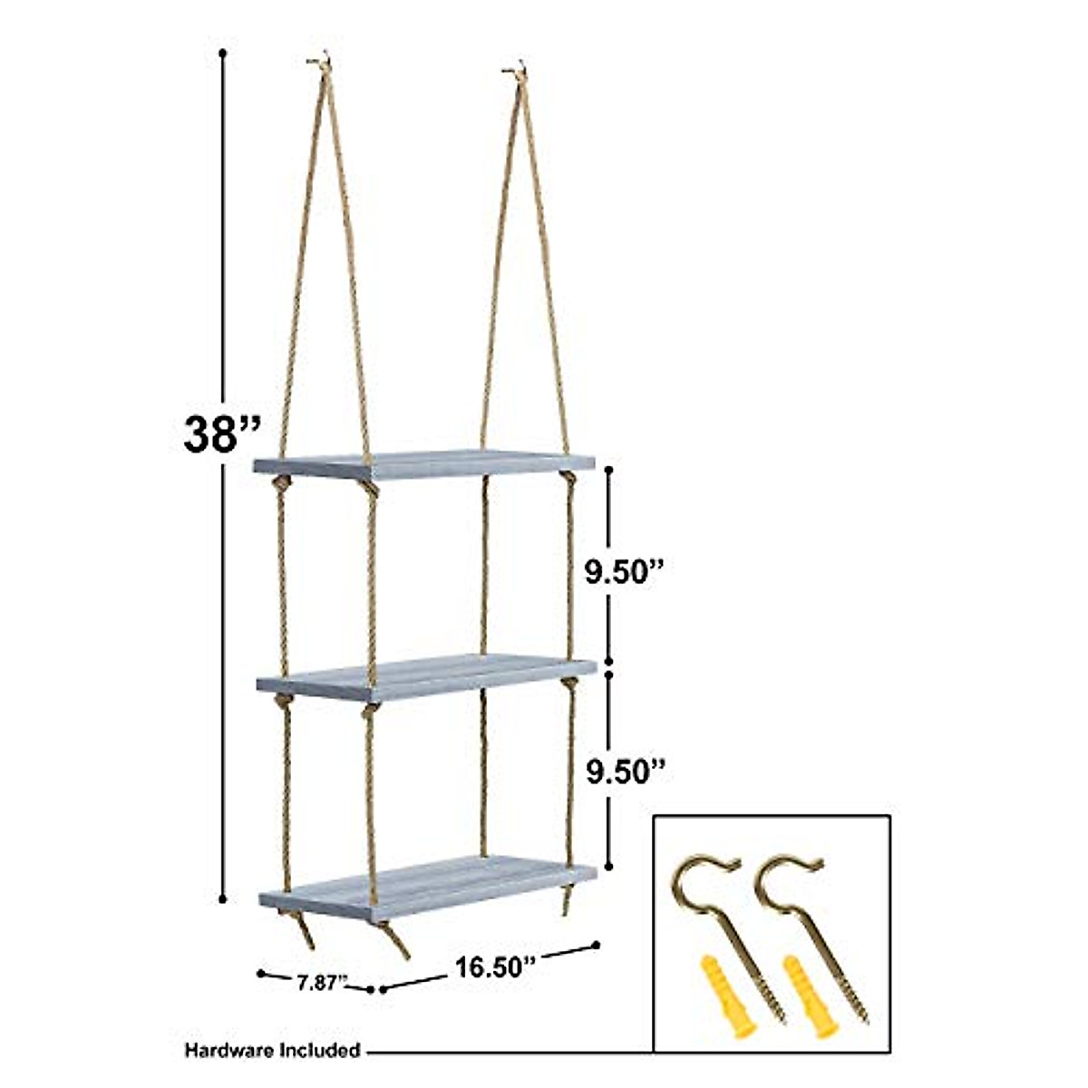 Sorbus Wood Hanging Shelf 3-Tier Rustic Wood Swing Storage Shelves Jute Rope Organizer Rack, Floating Display Shelves (Grey)