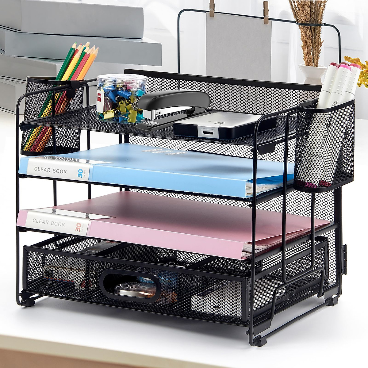 Zikopomi Black Professional Desk Organizer with 3 Compartments, Pen Holder, Drawer, Letter Tray for Office, School, Home