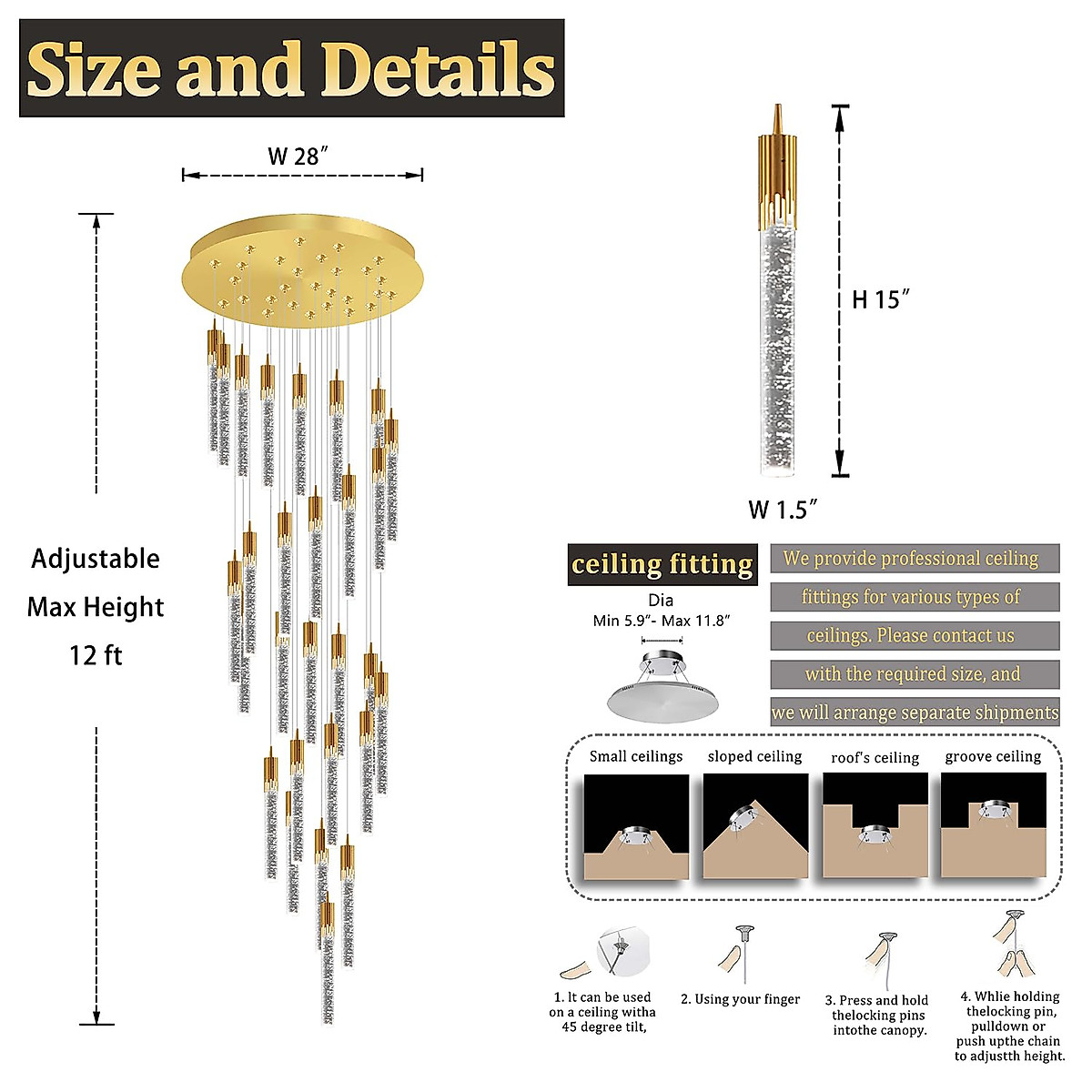 Flashing God Gold 28 Lights Large Foyer Chandeliers for High Ceilings 12 feet Long Spiral Stair Pendant Chandelier Crystal Ceiling Light Fixtures Dimmable 2700k-4500k-6000k