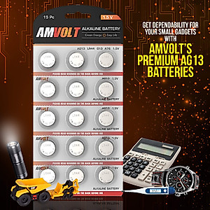 AmVolt- Pack of 15 LR44 Batteries AG13 SR44 357 303 Premium Alkaline Non Rechargeable Button Battery, 1.5 Volt Small Batteries for Watches Clocks & Electronic Devices