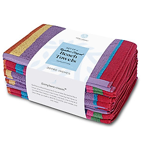 White Classic Cotton Beach Towels Oversized 30 x 60 Inches, Ultra Absorbent and Low Lint Striped Pool Towels for Adults, Unique Rainbow Design Luxury Extra Large Bath Towels, 4 Pack