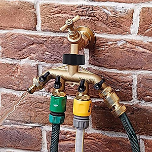 Brass Hose Splitter 4 Way, 3/4" Garden Hose Faucet Manifold, Hose Spigot Adapter 4 Valves with 5 Extra Rubber Washers