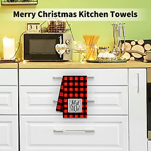 Ruisita 4 Pack Buffalo Plaid Christmas Cotton Kitchen Towels Oversized Embroidered Xmas Decorative Dish Towels 28 x 18 Inch for Winter Holiday Kitchen Drying Cooking