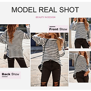 Dokotoo Oversized Crewneck Sweaters for Women 2024 Fall Winter Fashion Color Block Long Sleeve Striped Side Split Sweater Casual Comfy Chunky Knit Pullover Sweaters Tops White Large