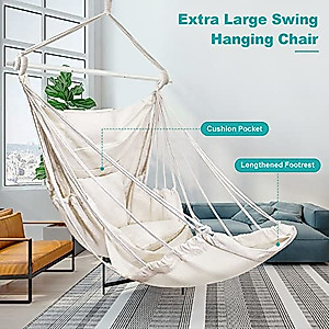 Outerman Hammock Chair, Hanging Chair with 3 Cushions and Foot Rest Support, Durable Metal Spreader Bar Max 500 Lbs, Swing Chair for Bedroom, Indoor & Outdoor, Patio, Porch or Tree（White）