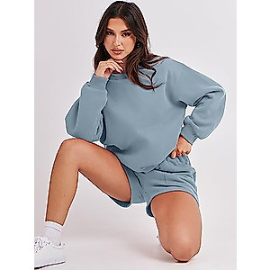 ANRABESS Women 2 Piece Lounge Set Fall Outfits Sweatsuit Fleece Oversized Crewneck Sweatshirt Loungewear Shorts 2023 Casual Cozy Pajamas Macthing Tracksuit Set 1047huilan-XL