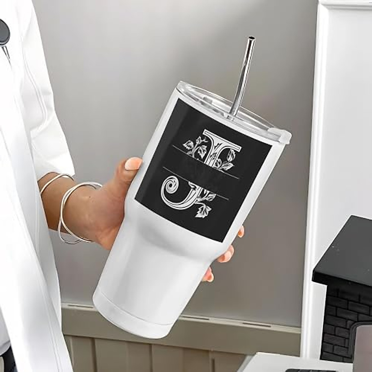 Monogram J Initial Name 30 oz Tumbler with Lid, Stainless Steel Travel Coffee Mug Water Bottle