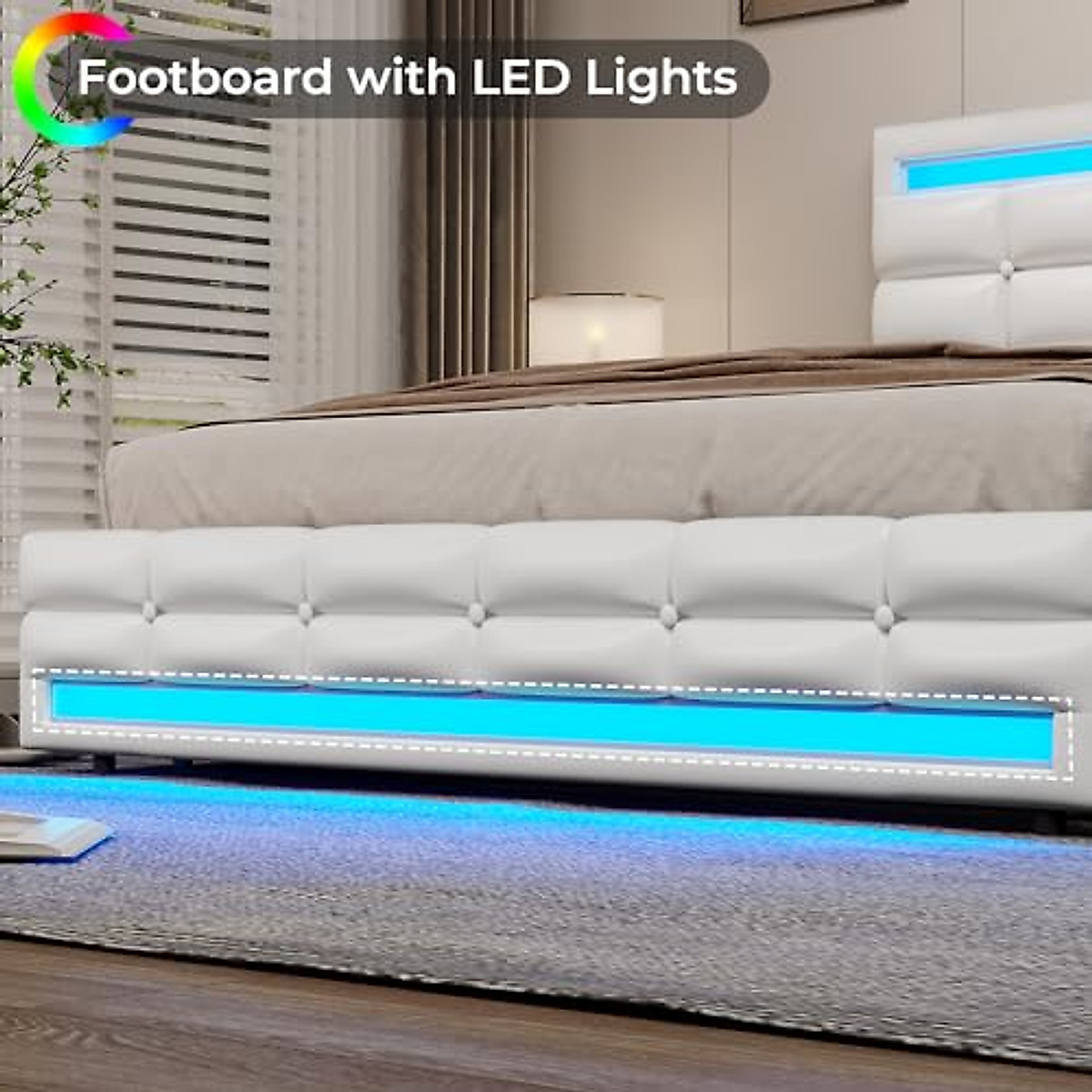 BTHFST Queen LED Bed Frame with Headboard, Faux Leather Platform Bed Frame with 2 USB Charging Station & Storage Drawers, No Squeak, White