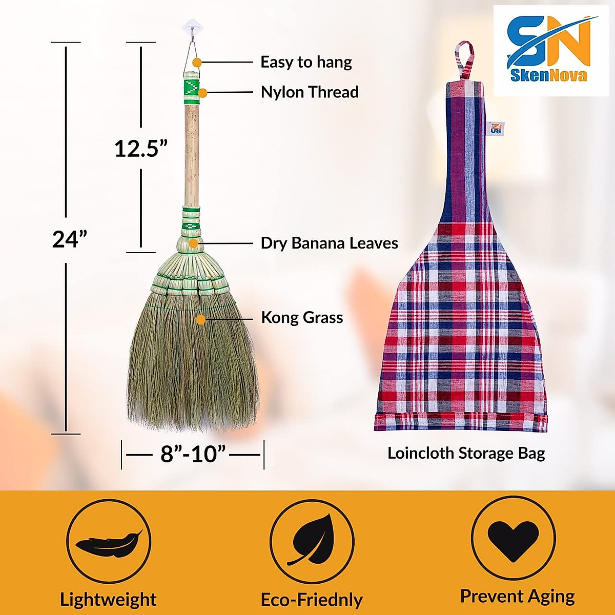 24-inch tall of Thai natural grass broom Asian broom for RV's camping tent & training Children cleaning