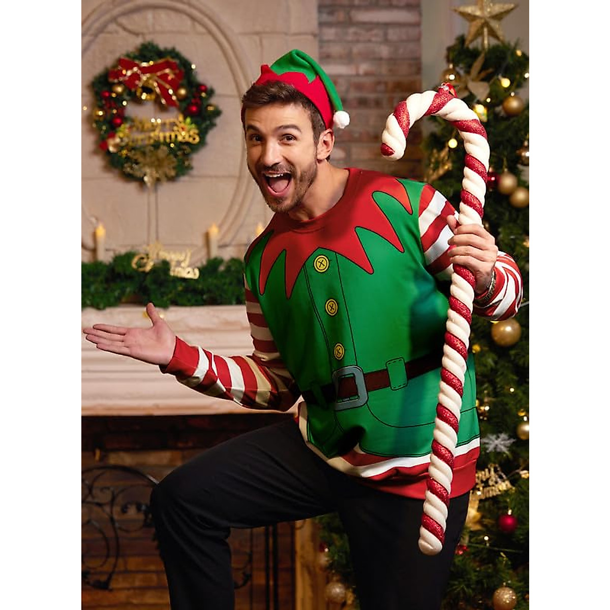 Arvilhill Christmas Men's Funny Ugly Sweater Casual 3D Printed Holiday Crew Neck Sweatshirt Elf Stripe L