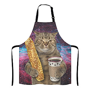 Lefolen Funny Galaxy Cat Adjustable Bib Apron, The cat is holding a cup of black coffee and a baguette Cooking Kitchen Apron for Men Women
