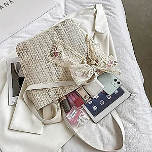 QTKJ Women Large Straw Beach Tote Bag Summer Hand-woven Bags Shoulder Bag Leather Handle Beach Handbags with Cute Lace Bow Small (White)