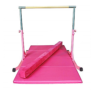 Athletic Bar Expandable Gymnastics Kip Bar Set with Balance Beam, 6'x4' Mat for Kids, Horizontal Bar Junior Gymnastic Training Exercise Gymnast Home Gym Adjustable 3 to 5 FT Fiberglass Rail (Pink)