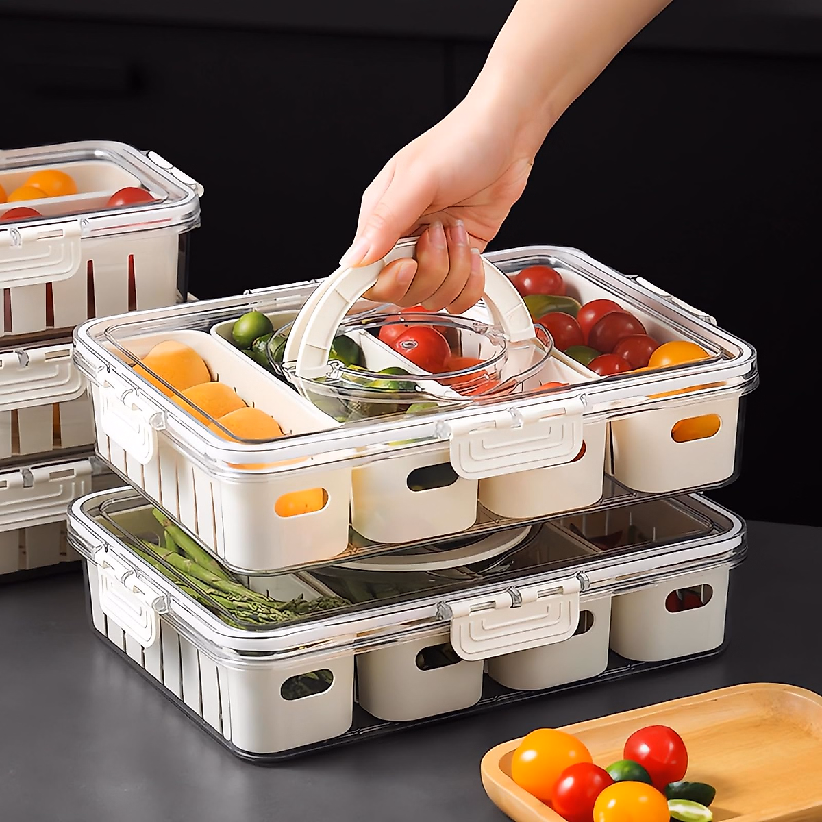 1PC Fruit Storage Containers for Fridge Keep Fresh - Divided Serving Tray with Lid and Handle - Portable Picnic Parties Snackle Box Veggie Tray - Berry Candy Food Snack Organizer Travel (1PC-M)