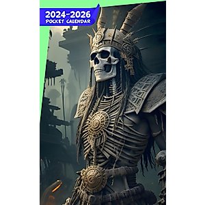 Pocket Calendar 2024 - 2026: Three-Year Monthly Planner for Purse , 36 Months from January 2024 to December 2026 | Aztec skeleton | Dirty armor | ... painting | Jungle background | 4k