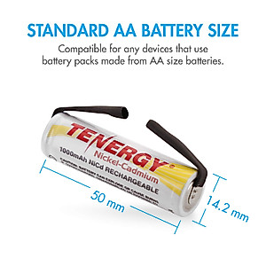 Tenergy Rechargeable 1.2V AA NiCD Battery, 1000mAh High Capacity Batteries Flat Top with Tabs for Shavers, Trimmers, Razors, 12 Pack