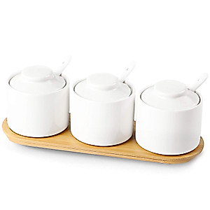 ONTUBE Ceramic Condiment Jar Set of 3 with Tray, Condiment Pot With Spoon and Lid, Seasoning Box,Sugar Bowl, 8oz (White)