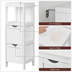 VASAGLE Bathroom Floor Cabinet, Bathroom Storage Organizer Rack Stand, Multifunctional Corner Unit, 2 Drawers, White UBBC42WT
