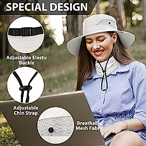 Sun Hats for Women Ponytail UV Protection Fishing Hat Outdoor Wide Brim Beach Hat Foldable Summer Bucket Hat Safari - Neck Gaiter 5*Hair Ties, A-Beige
