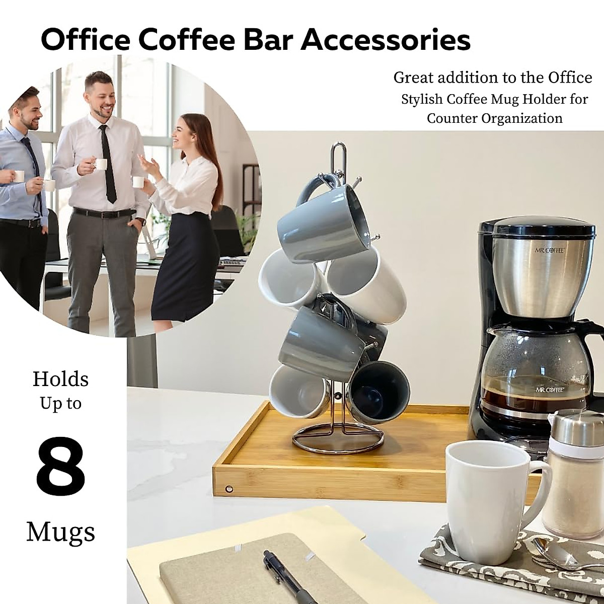 Evelots Countertop Coffee Mug/Teacup Organizer Stand/Rack/Tree-Hooks Hold 8 Large Mugs-Modern Chrome Finish-Coffee Bar Accessory