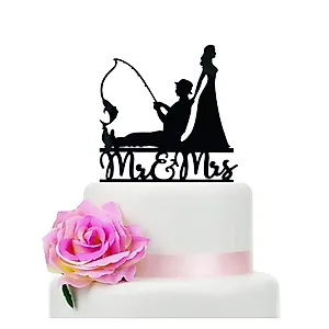 YzYbuaego Black Fishing Wedding Cake Topper, Mr & Mrs Wedding Cake Topper, Fishing Theme Wedding/Engagement/Bridal Shower/Anniversary Cake Decoration