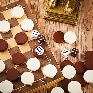 30 Pieces Backgammon Pieces Checkers 1.25 Inch Replacement Checkers Board Game Pieces Playing Game Chips with 5 Dice and Drawstring Storage Pouch for Checkers Game Supplies, Brown and White