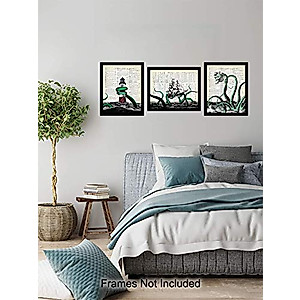 Octopus Kraken Dictionary Wall Art Print Set - Upcycled Vintage 8x10 Home or Office Decor for Bathroom, Bath, Beach or Ocean House - Unique Gift for Nautical, Ocean, Sea Lover - Unframed Posters