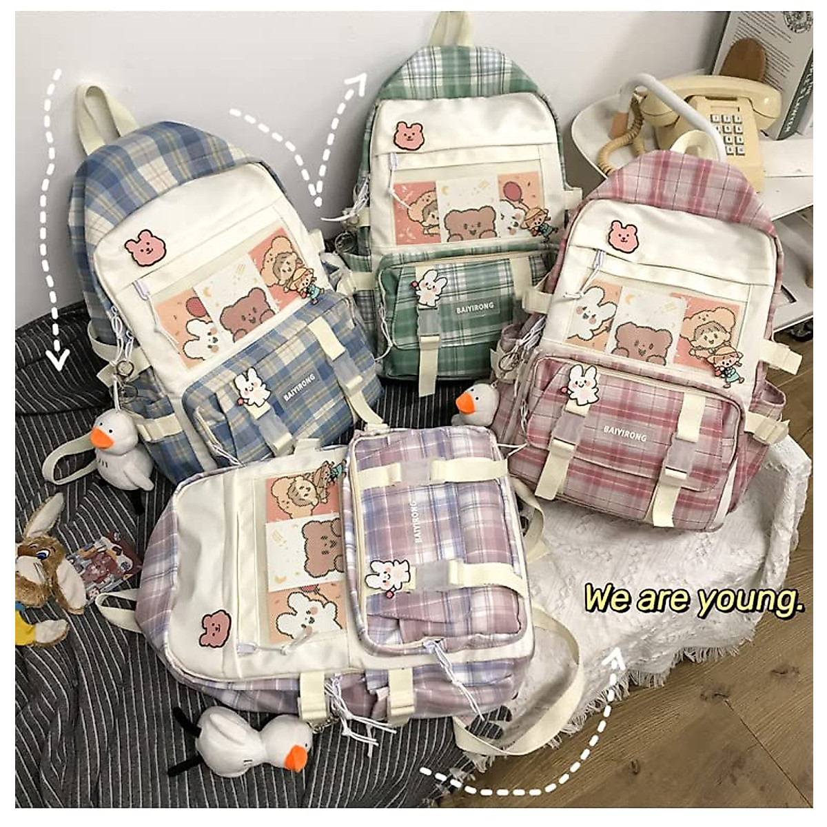 KOWVOWZ Kawaii Plaid Backpack with Pin Cute Cartoon Plush Pendant for Girl School Bag (Green)
