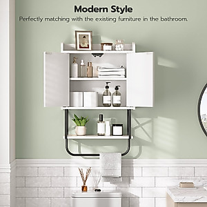 HOOBRO Medicine Wall Cabinet with Mirror, Bathroom Storage Cabinet with Hidden Space and Towel Bar, Double Mirrored Doors, Detachable Shelf, for Bathroom, Living Room, White BW41CW01