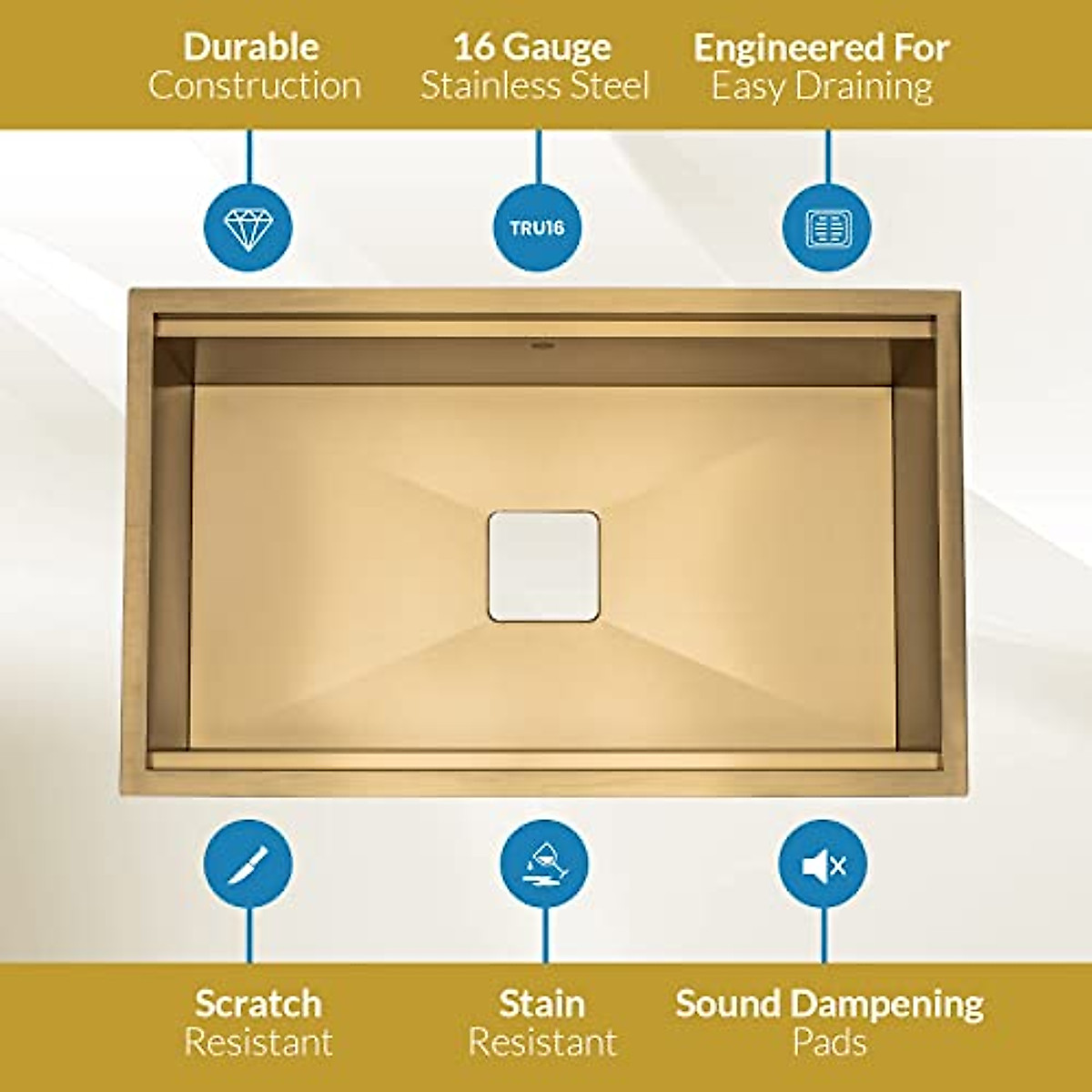 STRICTLY SINKS 32” Gold Work Station Kitchen Sink Undermount Accessory Shelf Single Bowl Square Drain Stainless Steel 90 Degree Radius 16 Gauge–With Single Square Disposal Adapter