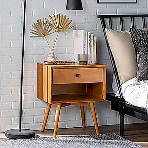 Walker Edison Mid Century Modern Wood Nightstand Side Table Bedroom Storage Drawer and Shelf Bedside End Table, 1 Drawer, Caramel