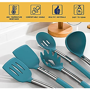 Silicone Cooking Utensil Set, Fungun Non-stick Kitchen Utensil 24 Pcs Cooking Utensils Set, Heat Resistant Cookware, Silicone Kitchen Tools Gift with Stainless Steel Handle (Blue-24pcs）
