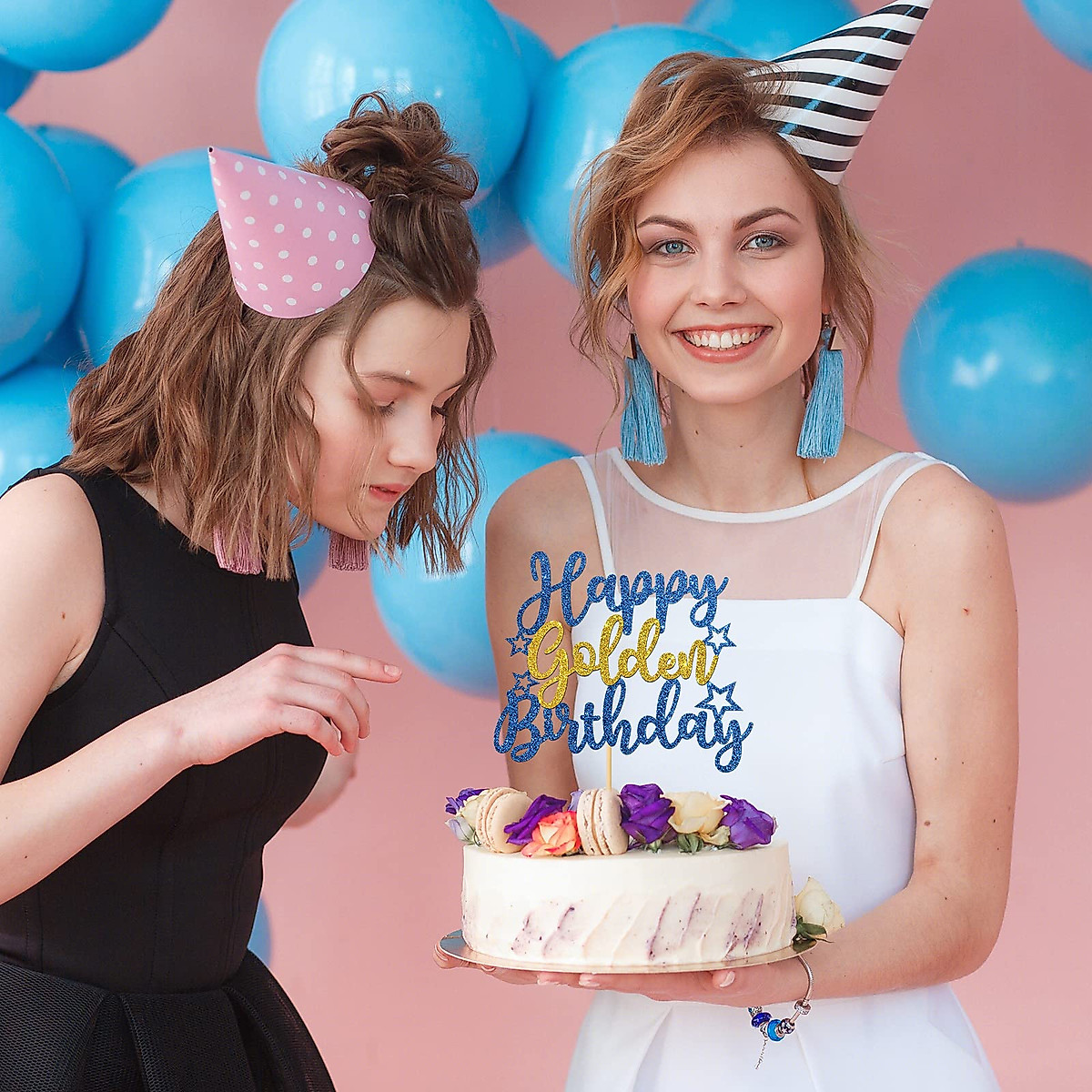 MonMon & Craft Happy Golden Birthday Cake Topper/Happy 1st 20th 30th 40th 50th Birthday Cake Decor/Golden Birthday Party Decorations - Blue & Gold Glitter