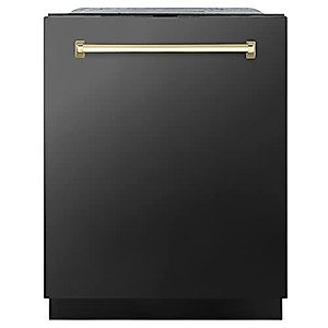 ZLINE Autograph Edition 24" 3rd Rack Top Touch Control Tall Tub Dishwasher in Black Stainless Steel with Gold Handle, 45dBa (DWMTZ-BS-24-G)