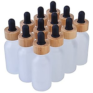 Focus Nutrition 12 Pack Clear Frosted Boston Round Essential Oils Aromatherapy Glass Bottles Jar With Black Bamboo Eye dropper cap, 1oz