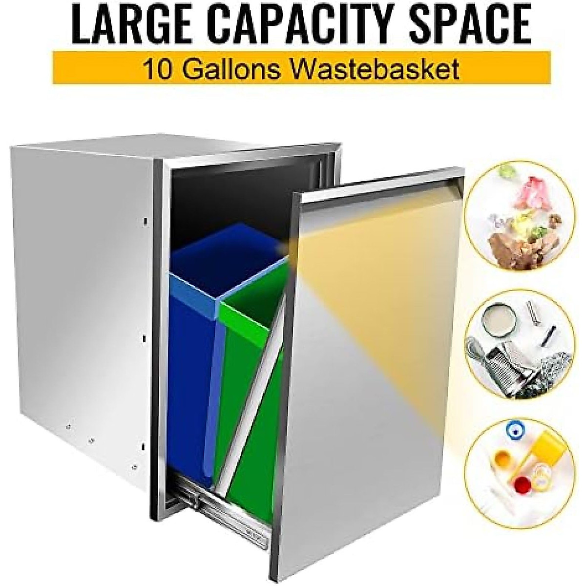 Built-in Single Trash Drawer Pull-Out Tray Outdoor Kitchen Stainless Steel Trash Drawer Storage One Trash Bin for BBQ Island Grill Station,19W X 27H X 16D Inch