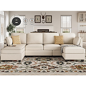 Hasuit 113'' Sectional Sofa with Storage Seats, U Shaped Convertible Sofa Couch with Large Reversible Chaise, Comfy Chenille Sofa with USB Port, Modular Sectional Sofa Couches for Living Room, Beige