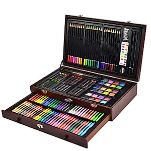 Sunnyglade 145 Piece Deluxe Art Set, Wooden Art Box & Drawing Kit with Crayons, Oil Pastels, Colored Pencils, Watercolor Cakes, Sketch Pencils, Paint Brush, Sharpener, Eraser, Color Chart (Cherry)