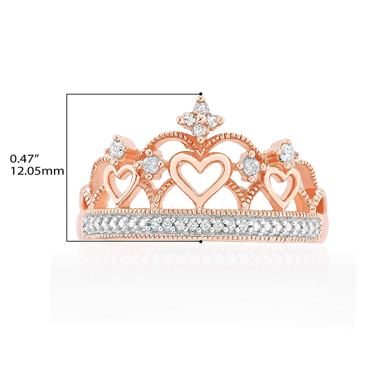 14K Rose Gold Plated .925 Sterling Silver 1/10 Cttw Diamond Heart Crown Ring (I-J Color, I2-I3 Clarity) - Size 7