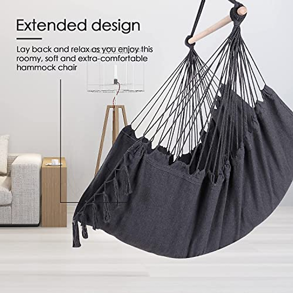 HFKJ Hammock Chair Hanging Rope Swing Chair with 2 Seat Cushions & Installation Kit, Max 330 Lbs, Handmade Macrame Hanging Chair for Bedroom Patio Yard Garden, Dark Grey