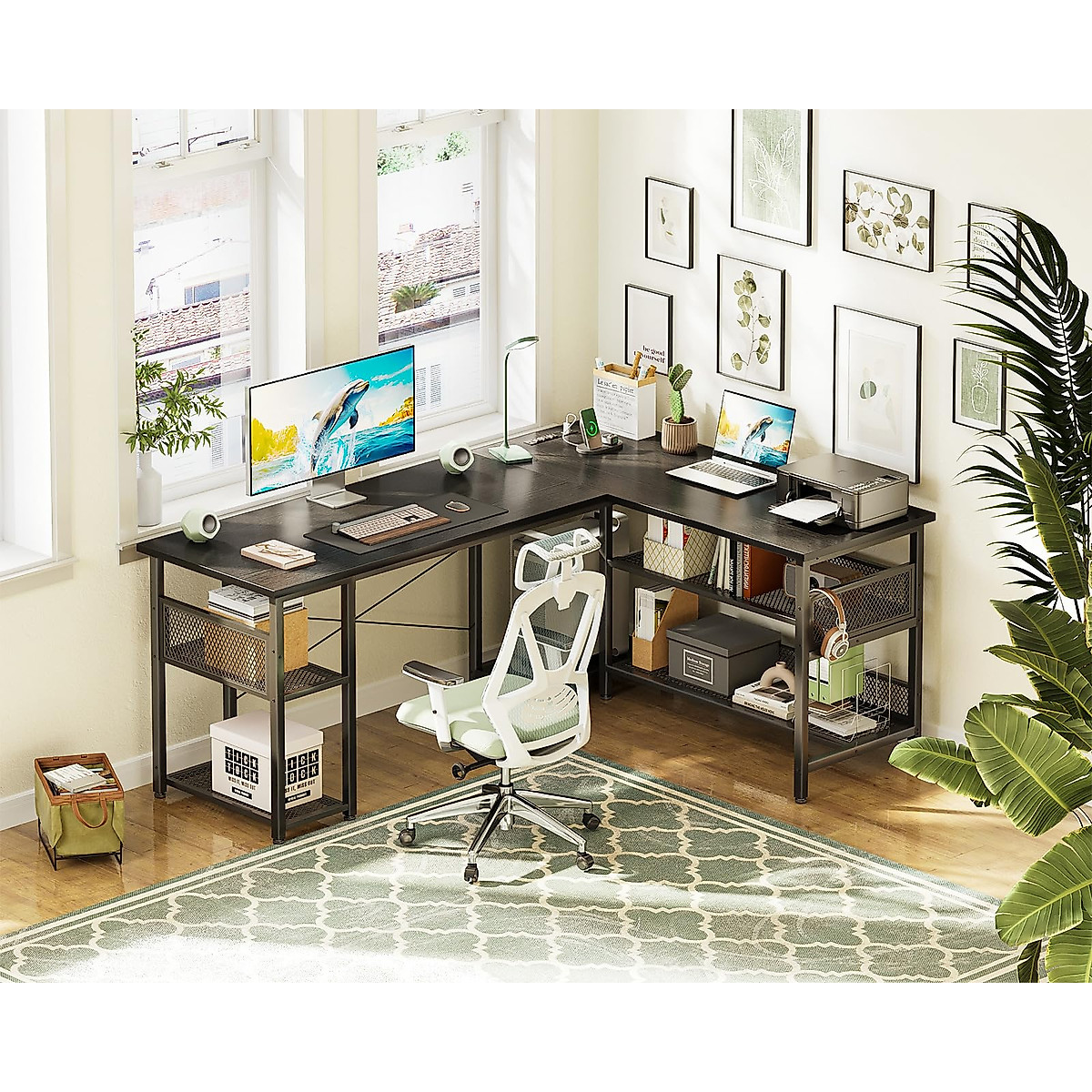 ODK 59" L Shaped Desk with Power Outlet and USB Charging Ports, Reversible L Shaped Computer Desk with Storage Shelves, Home Office Desk, Gaming Desk, Corner Desk, Black